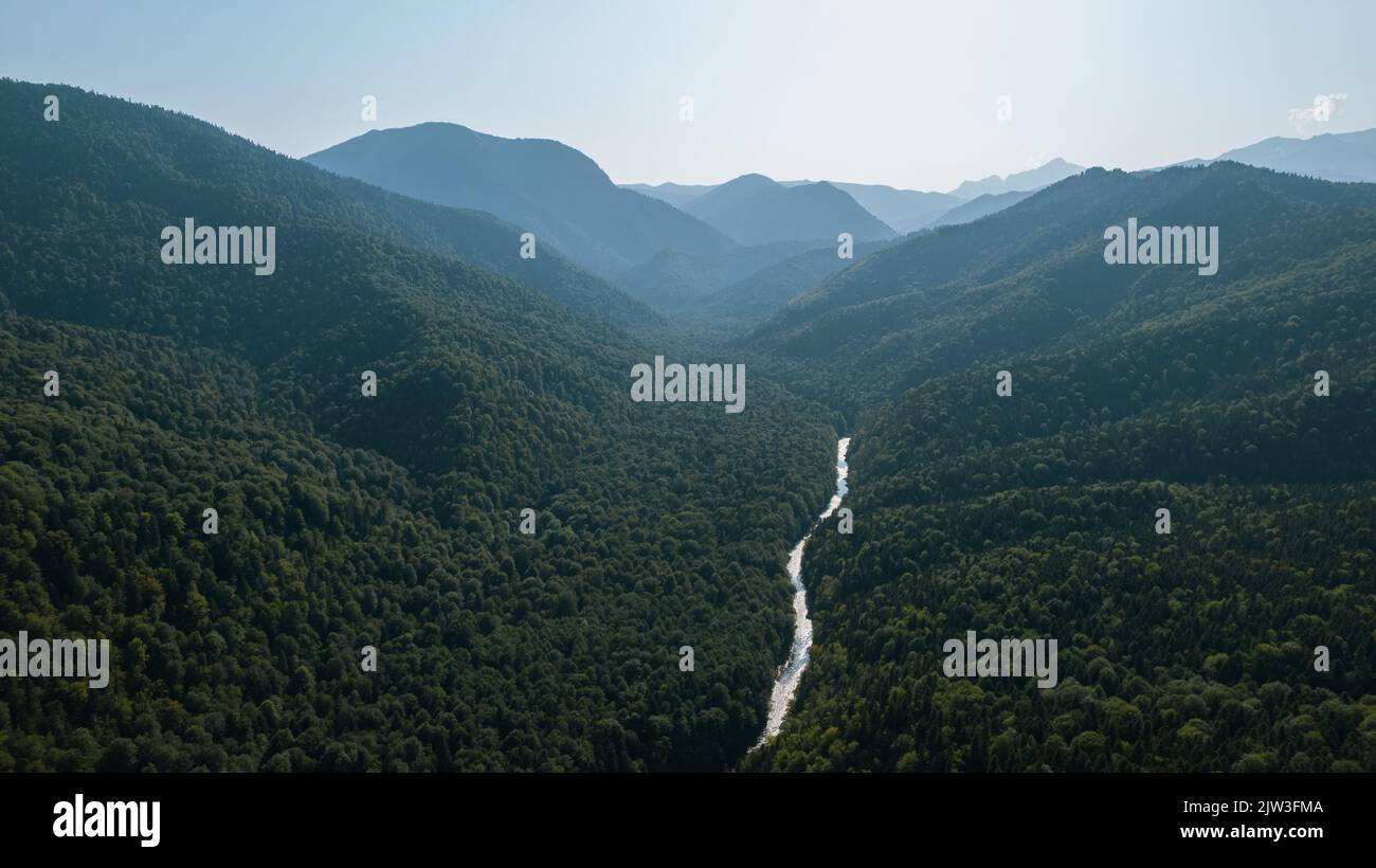 Aerial mountain landscape and river natural scenery in Russia, Adygea ...