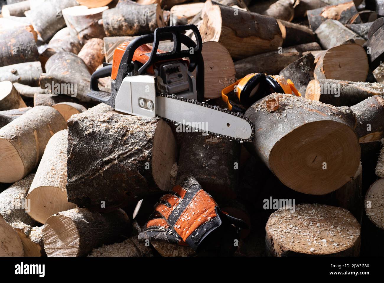 Modern chain saw and firewood,closeup Stock Photo - Alamy