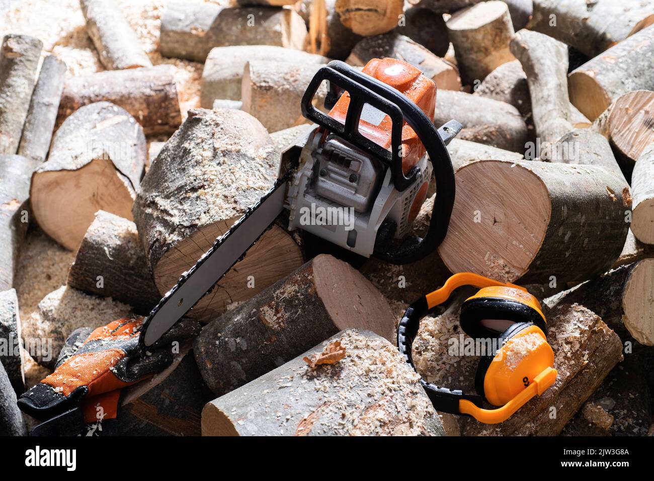 Modern chain saw and firewood,closeup Stock Photo - Alamy