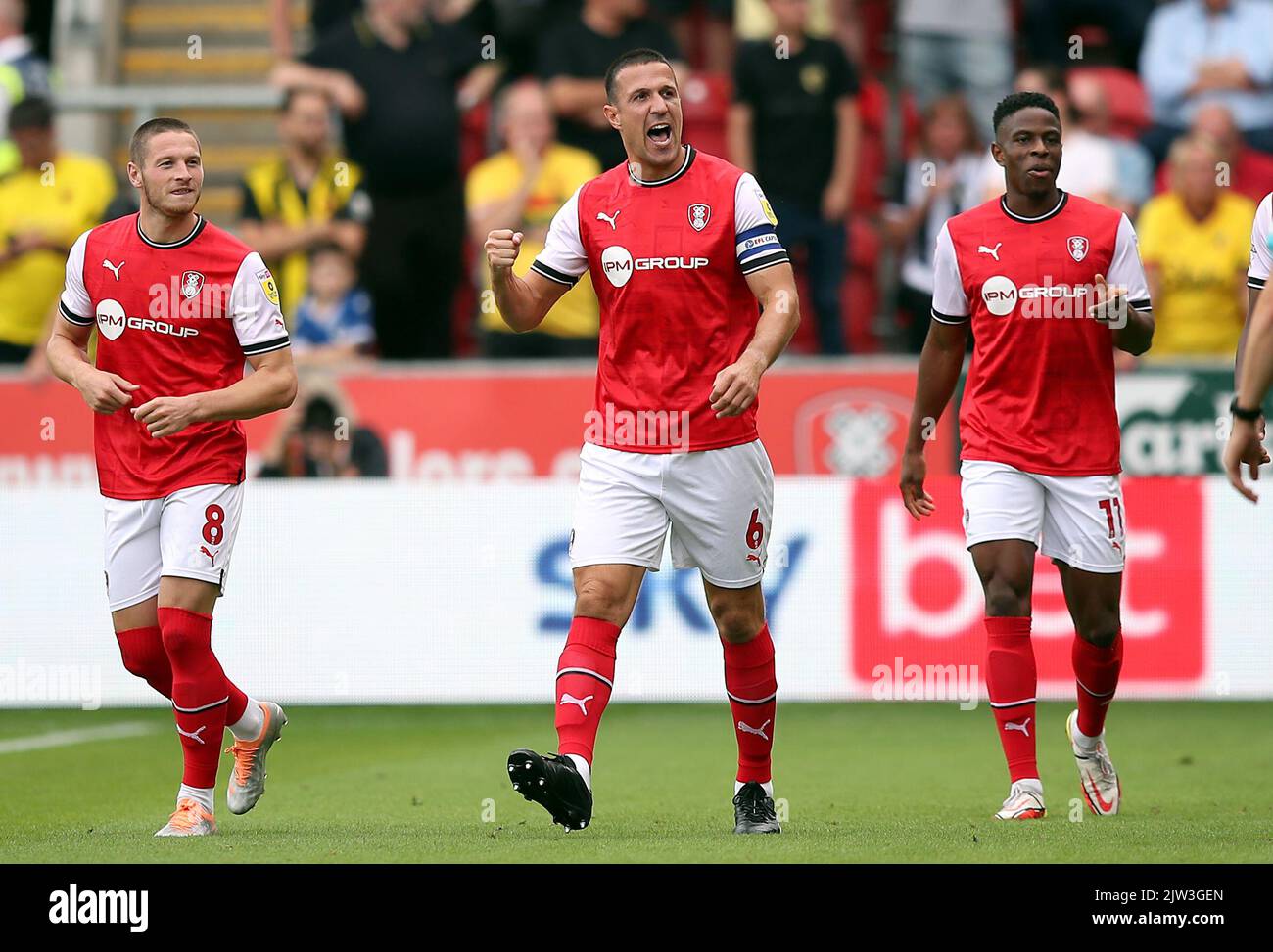 Rotherham United's Richard Wood (centre) celebrates scoring their side ...