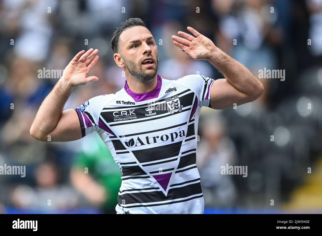 Luke Gale #7 of Hull FC celebrates his try during the Betfred Super ...