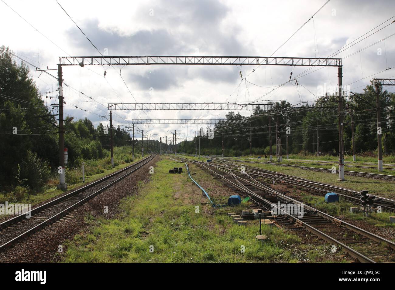 Power lines seen over the railway in the Leningrad region of the ...