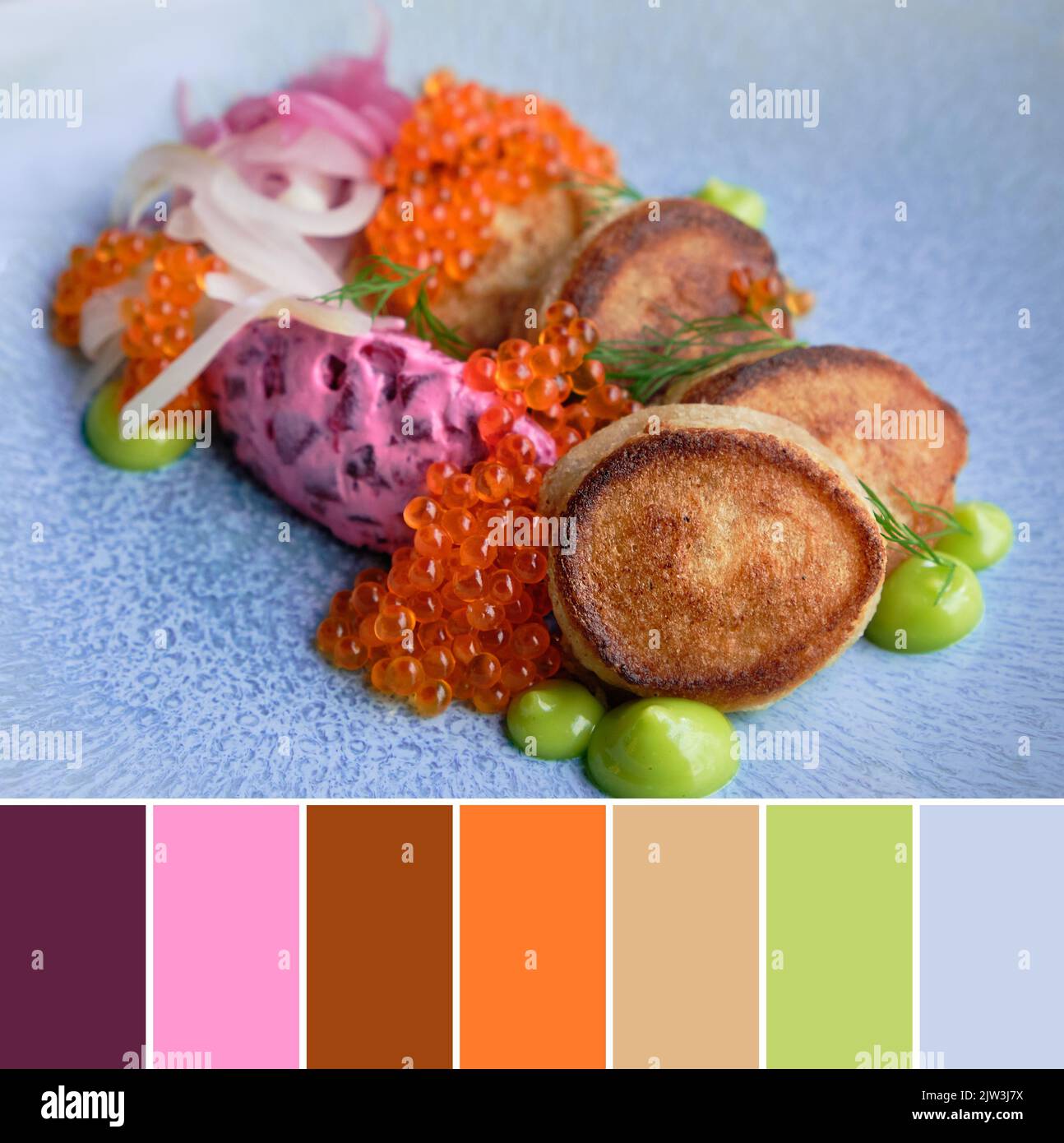 Color matching palette from image of little pancakes served with salmon ...