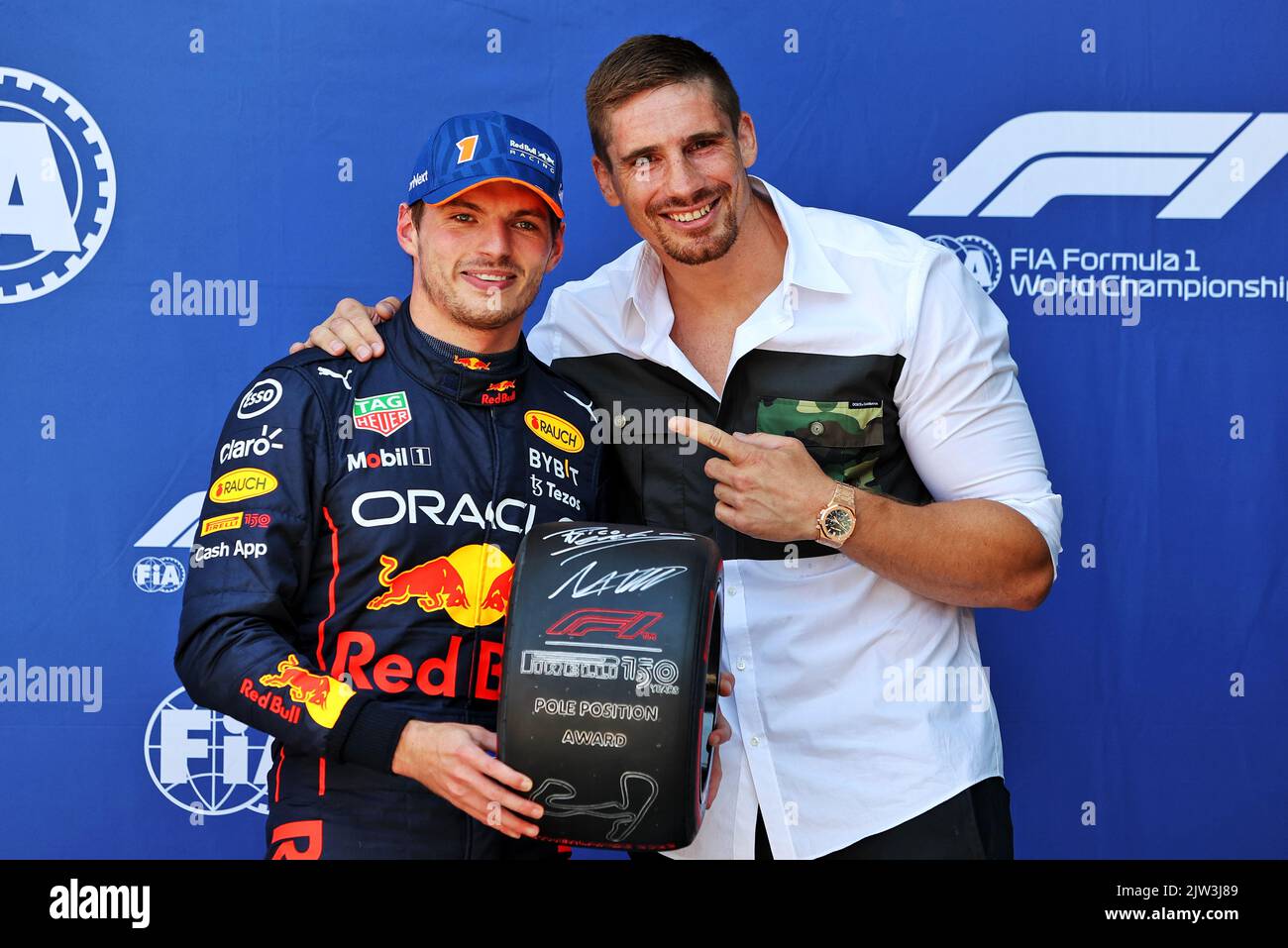 (L to R): Max Verstappen (NLD) Red Bull Racing celebrates his pole ...