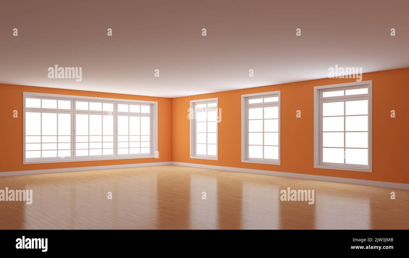 Empty Interior Corner of the Room with Orange Walls, Four Windows ...