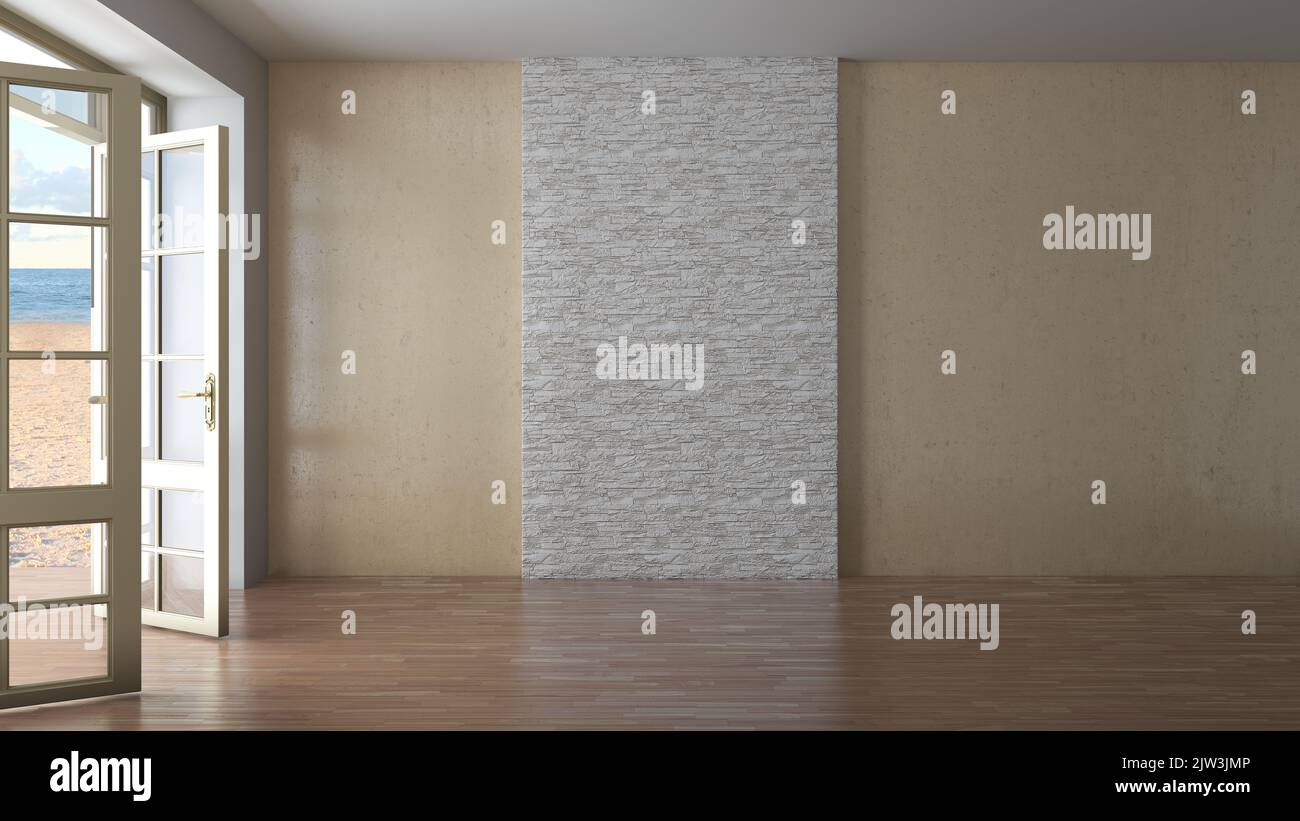 Empty Hotel Interior with Sea View. Room with Open Doors Overlooking ...