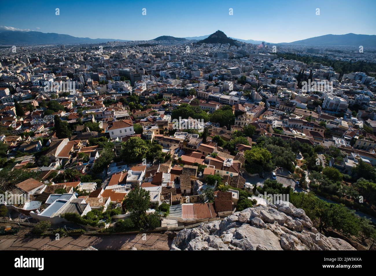 Aerial view of the panorama with the mount Lycabettus from the Acropolis in Athens Stock Photo ...
