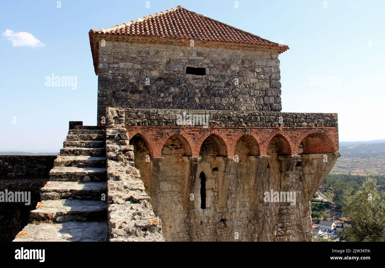 Ourem Castle, aka the Counts Palace, one of the gate towers overlooking ...