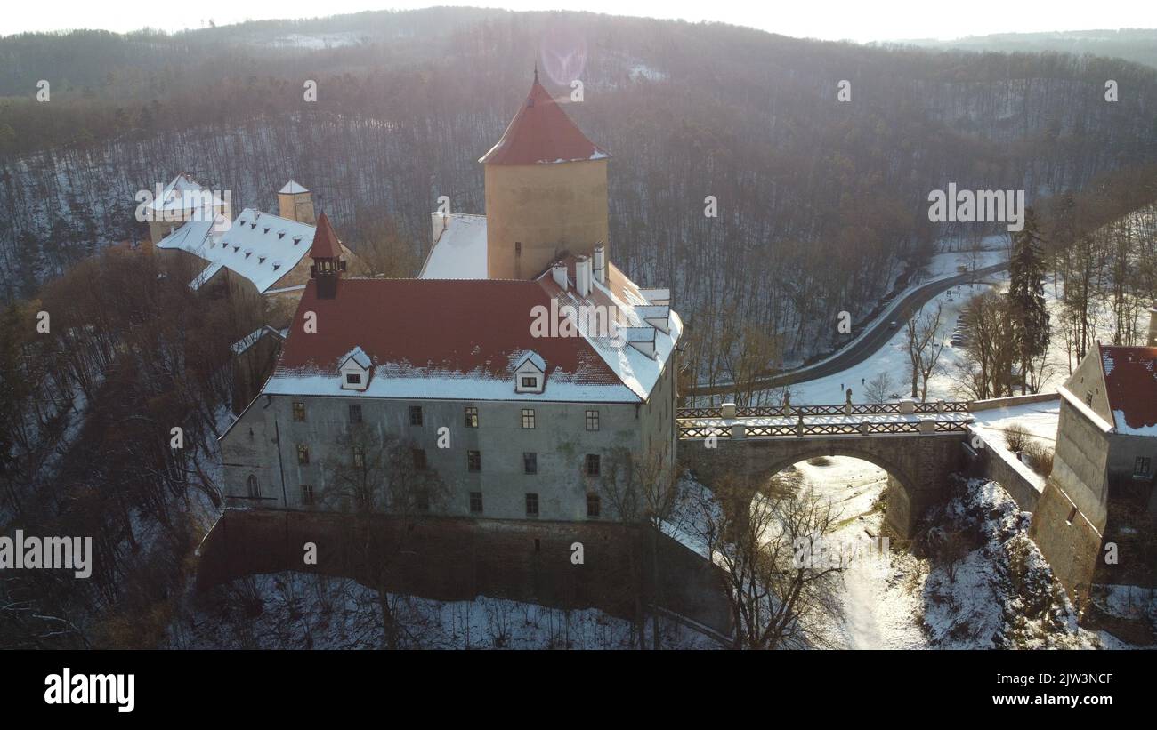 Aerial view of the large beautiful Moravian royal castle Veveri (Burg ...