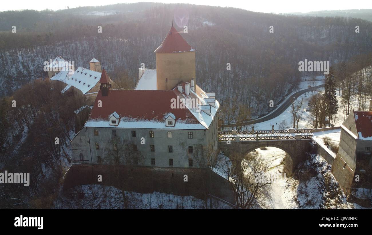 Aerial view of the large beautiful Moravian royal castle Veveri (Burg ...