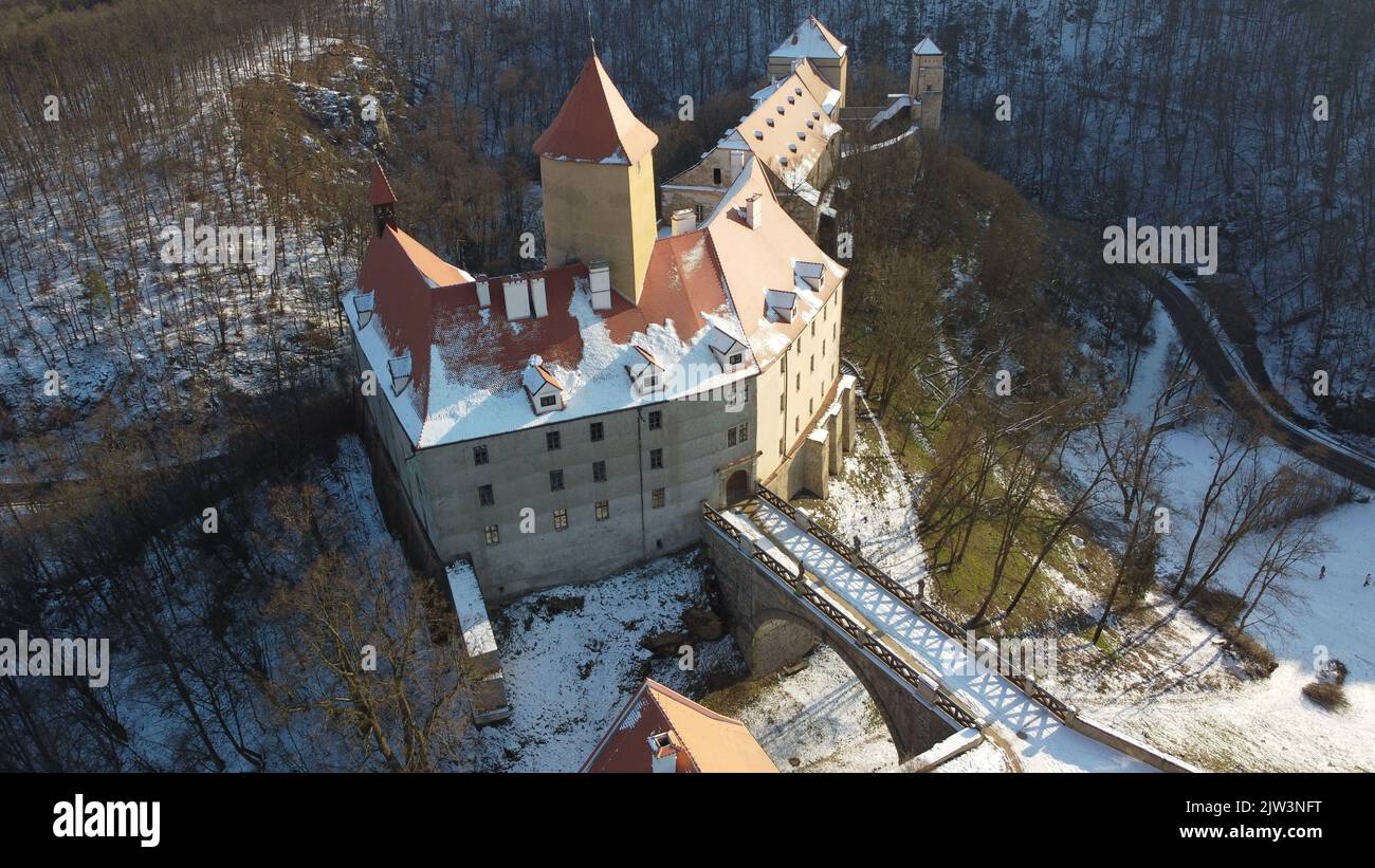 Aerial view of the large beautiful Moravian royal castle Veveri (Burg ...