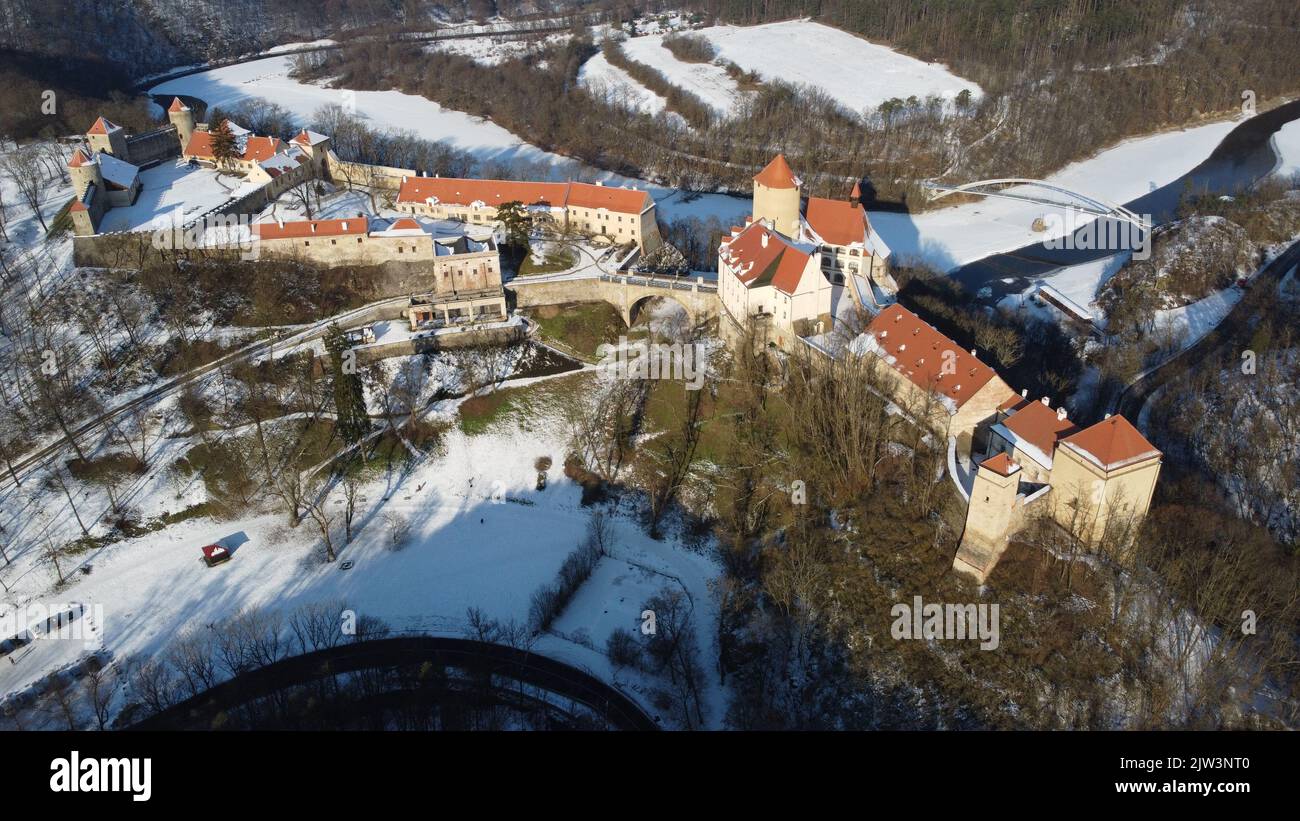 Aerial view of the large beautiful Moravian royal castle Veveri (Burg ...