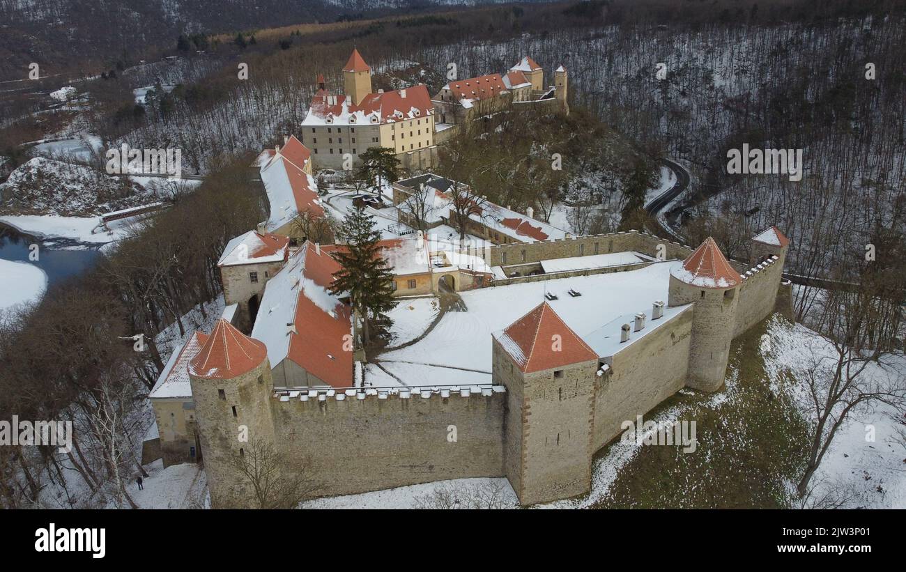Aerial view of the large beautiful Moravian royal castle Veveri (Burg ...