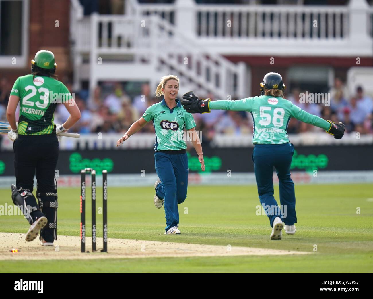 Oval Invincibles Women's Eva Grey (centre) celebrates taking the wicket ...