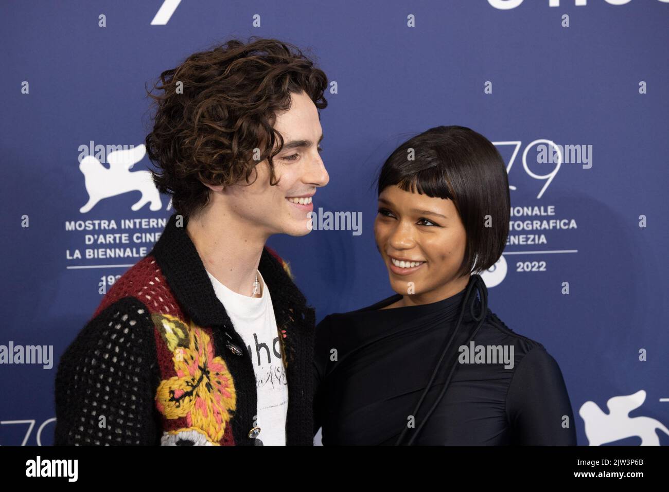 Timothee Chalament and Taylor Russell attend the photocall for "Bones ...