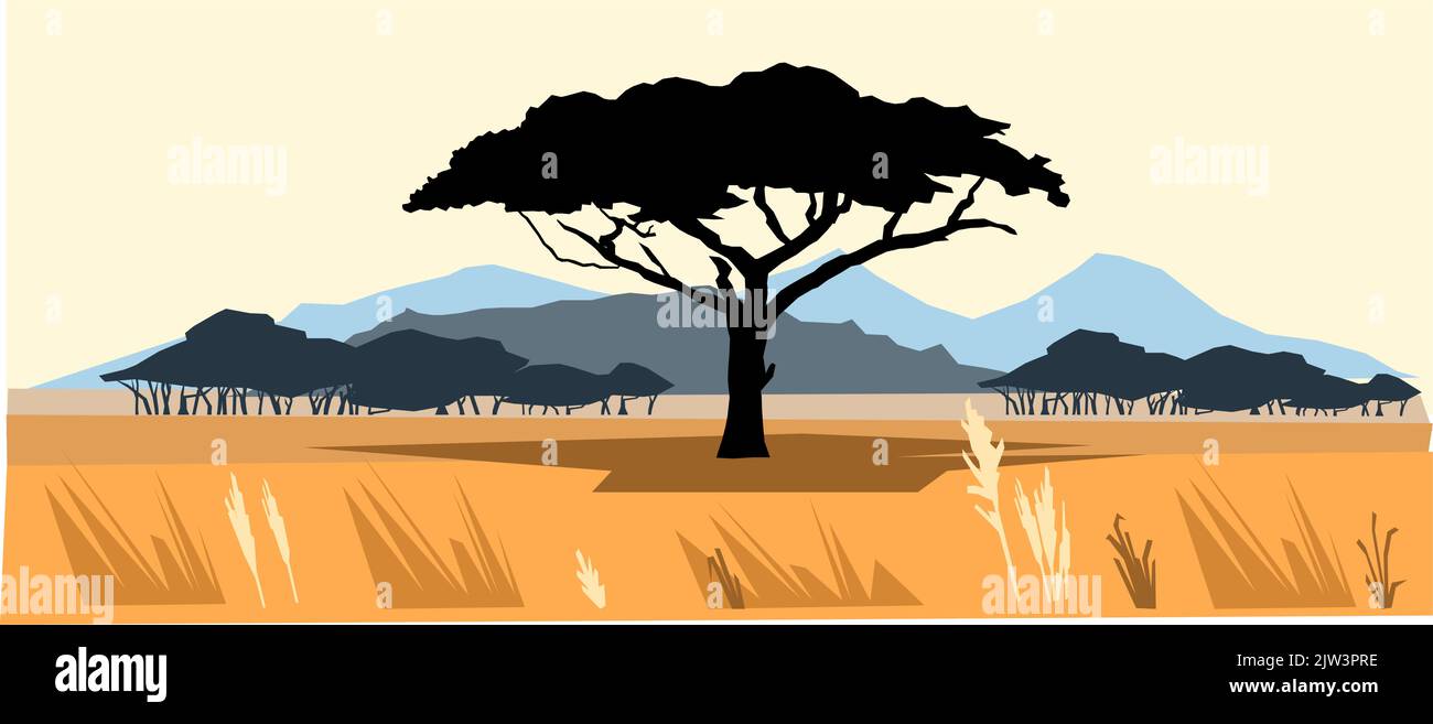 Plains and mountains. African savannah landscape. Silhouette picture ...