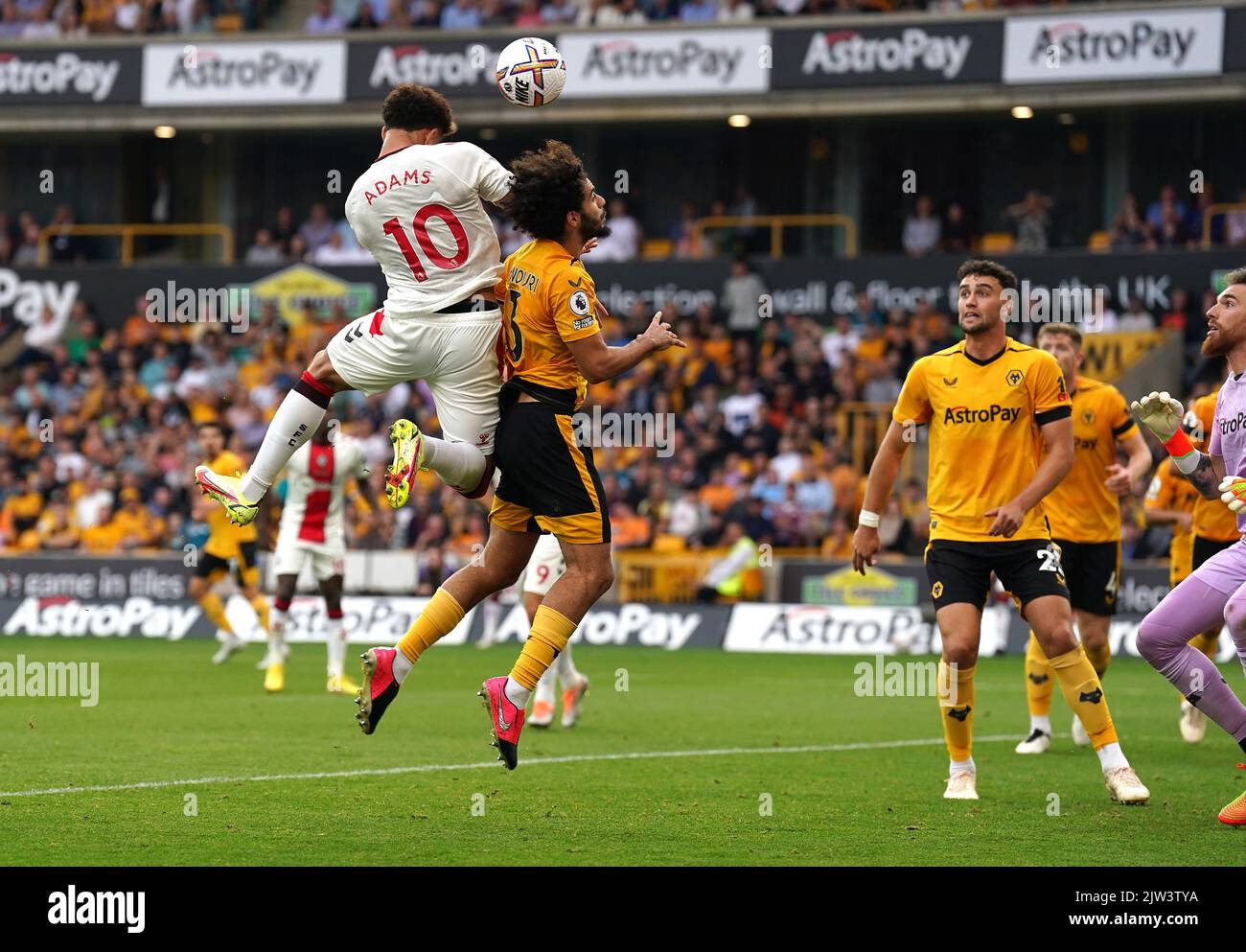 Southampton's Che Adams (left) heads towards goal during the Premier ...