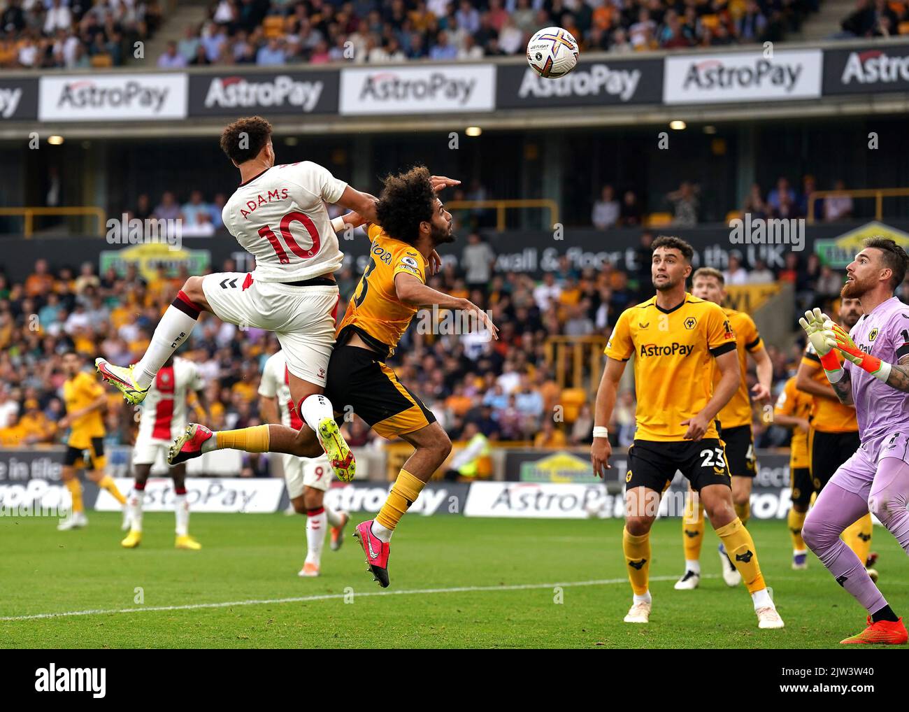 Southampton's Che Adams (left) heads towards goal during the Premier ...