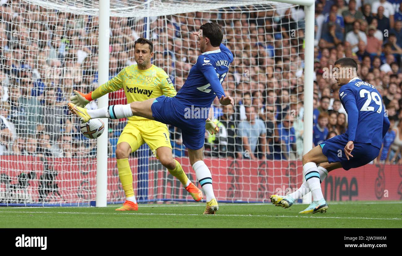 London, England, 3rd September 2022. Ben Chilwell of Chelsea scores to ...