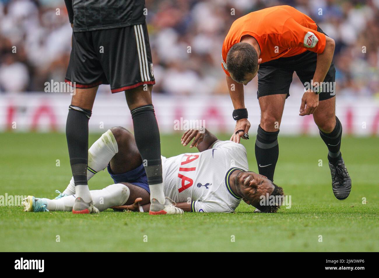 Referee Stuart Attwell checks on Ryan Sessegnon #19 of Tottenham ...