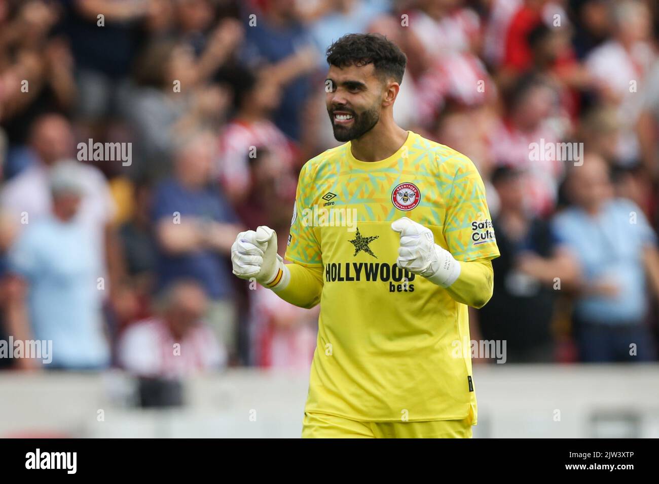 David Raya #1 of Brentford celebrates as Bryan Mbeumo scores to make 4 ...