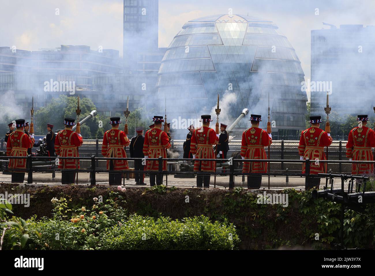The Royal Artillery fire cannons in honour of the Queen Elisabeth Stock ...