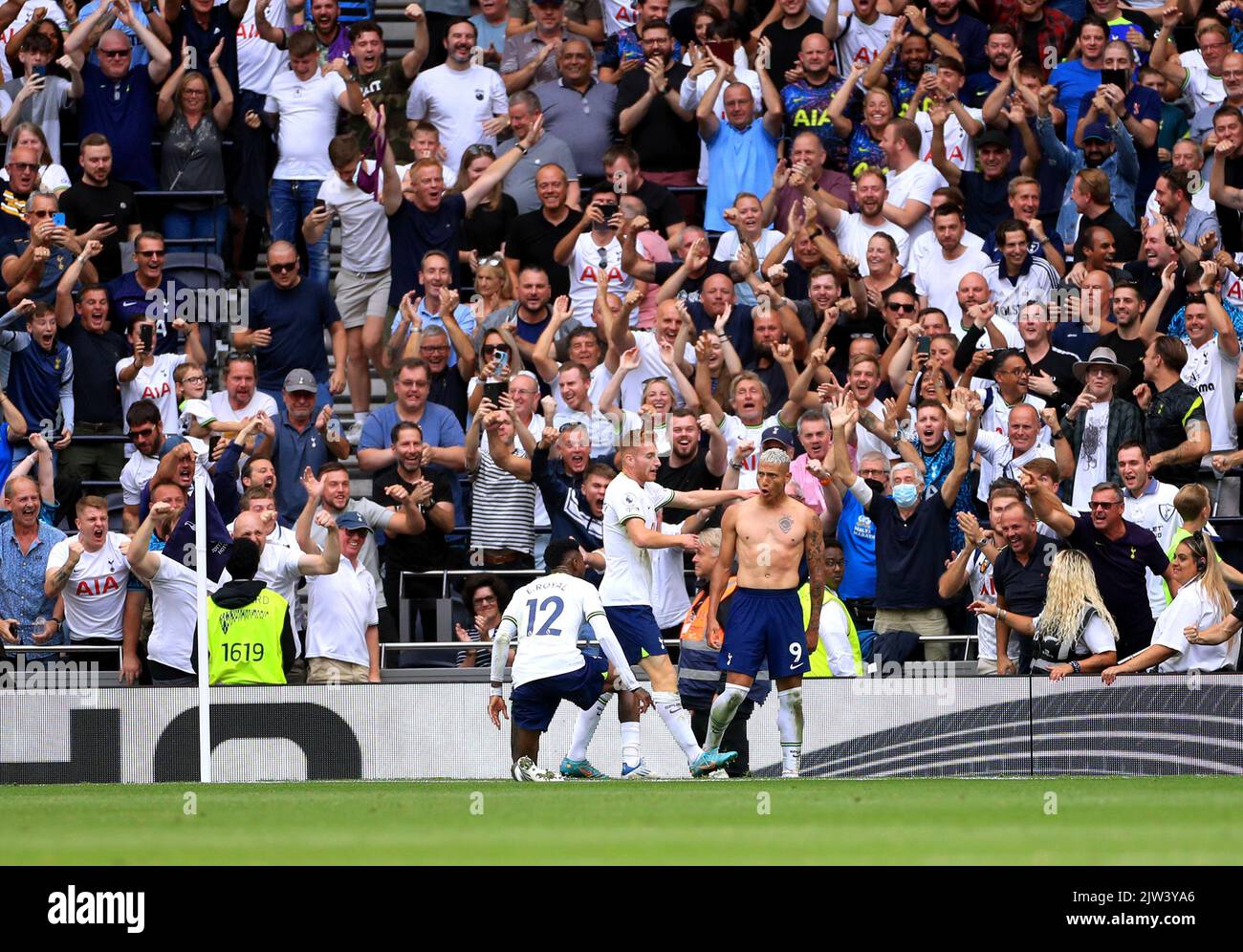 Tottenham Hotspur's Richarlison (right) celebrates scoring before his ...