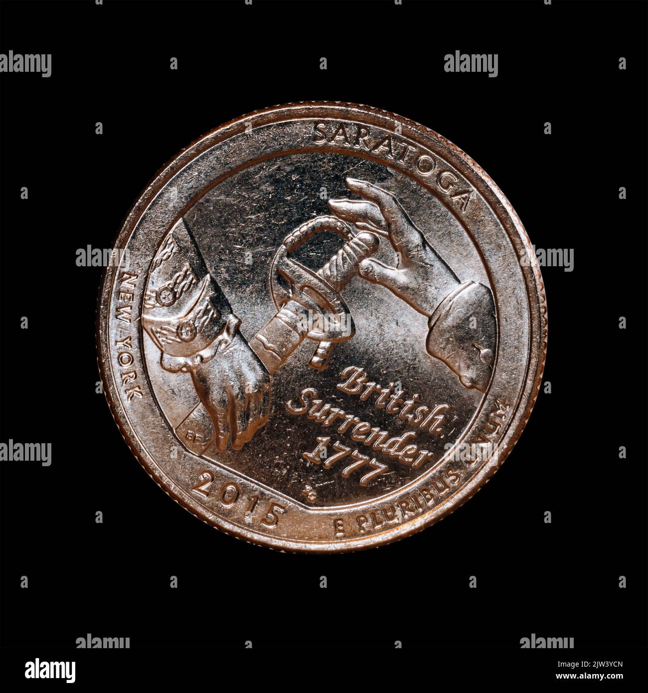 A British surrender 1777 coin isolated on a black background Stock ...