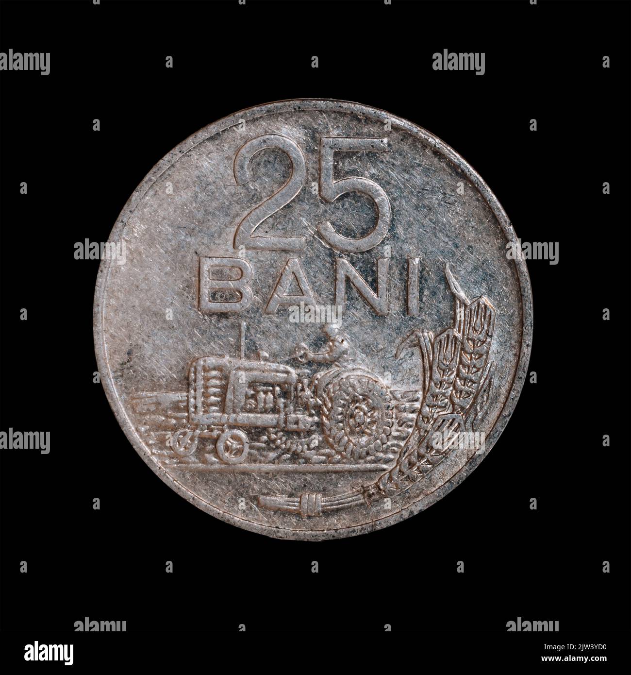 A view of a Romanian twenty five Bani isolated on a black background ...
