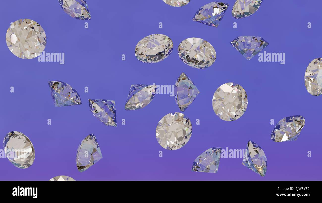 Set of diamonds against blue violet gradient, diamond rain, 3D ...