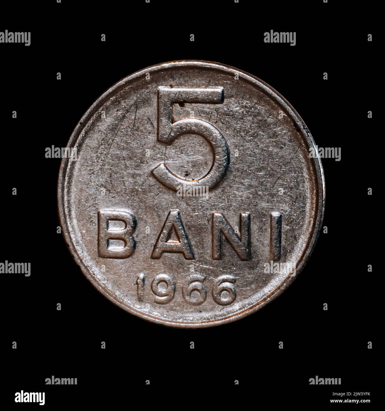 A view of a Romanian five Bani isolated on a black background Stock ...
