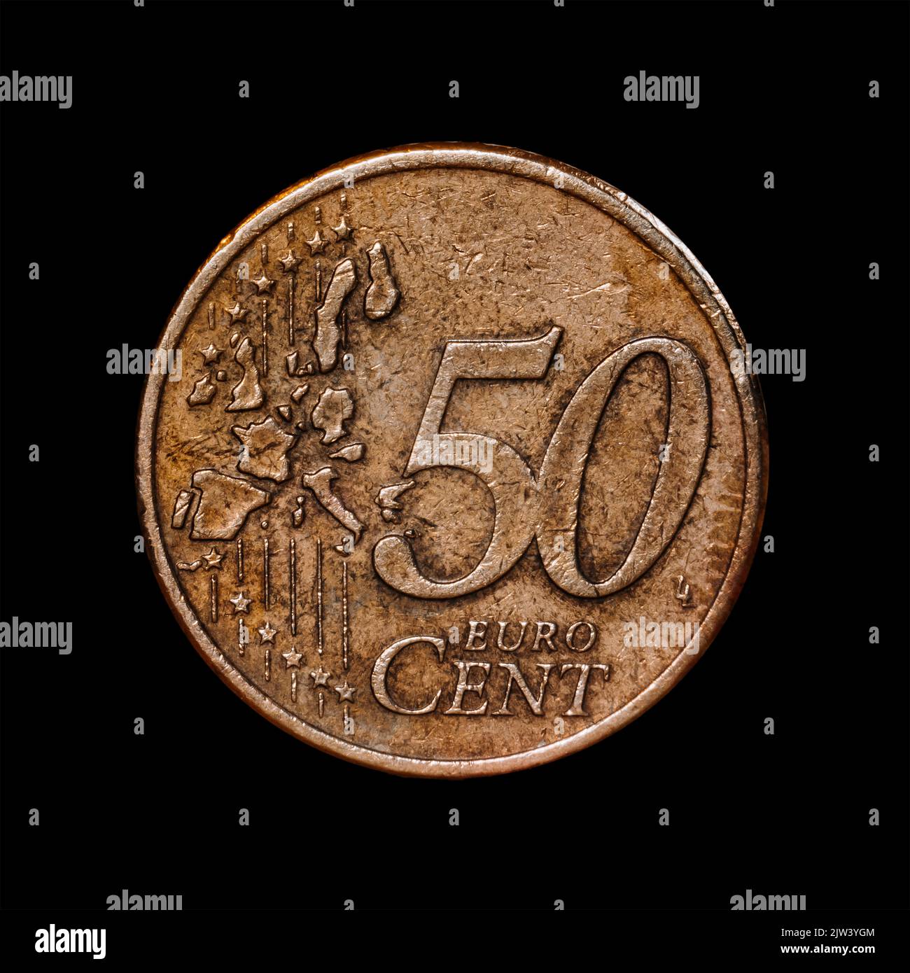 A view of a 50 euro cent coin isolated on a black background Stock ...