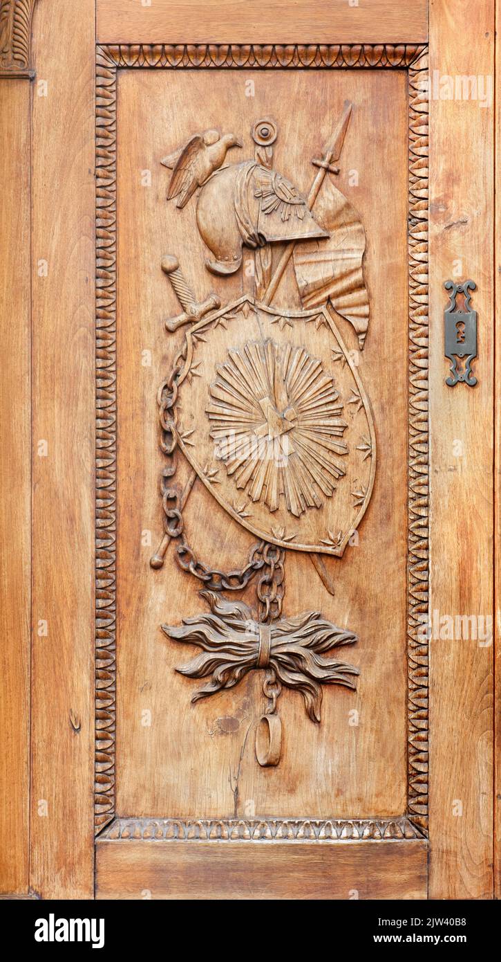 Detail of the decoration of the wooden door shutter at the entrance of ...