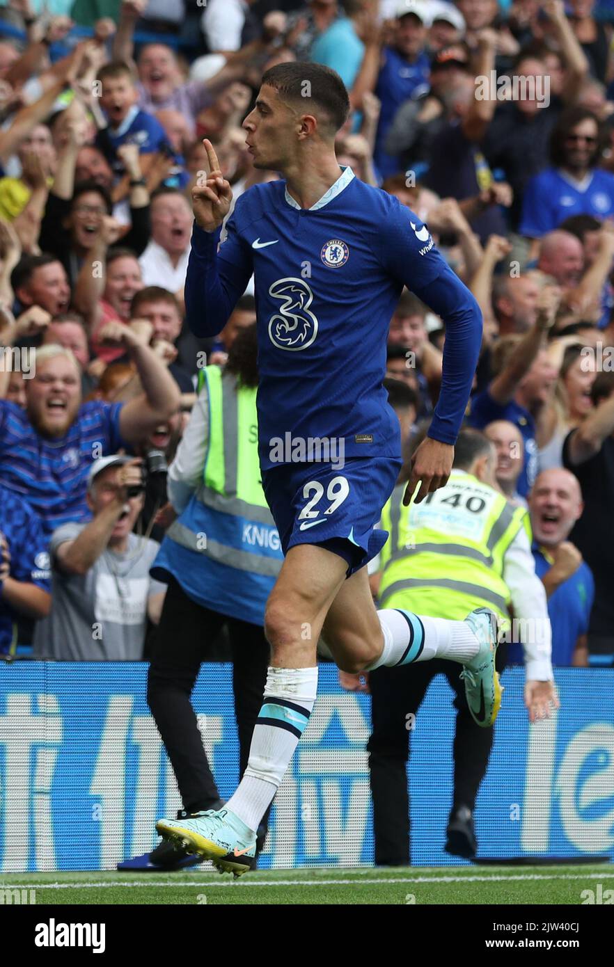 London, England, 3rd September 2022. Kai Havertz of Chelsea scoring the ...