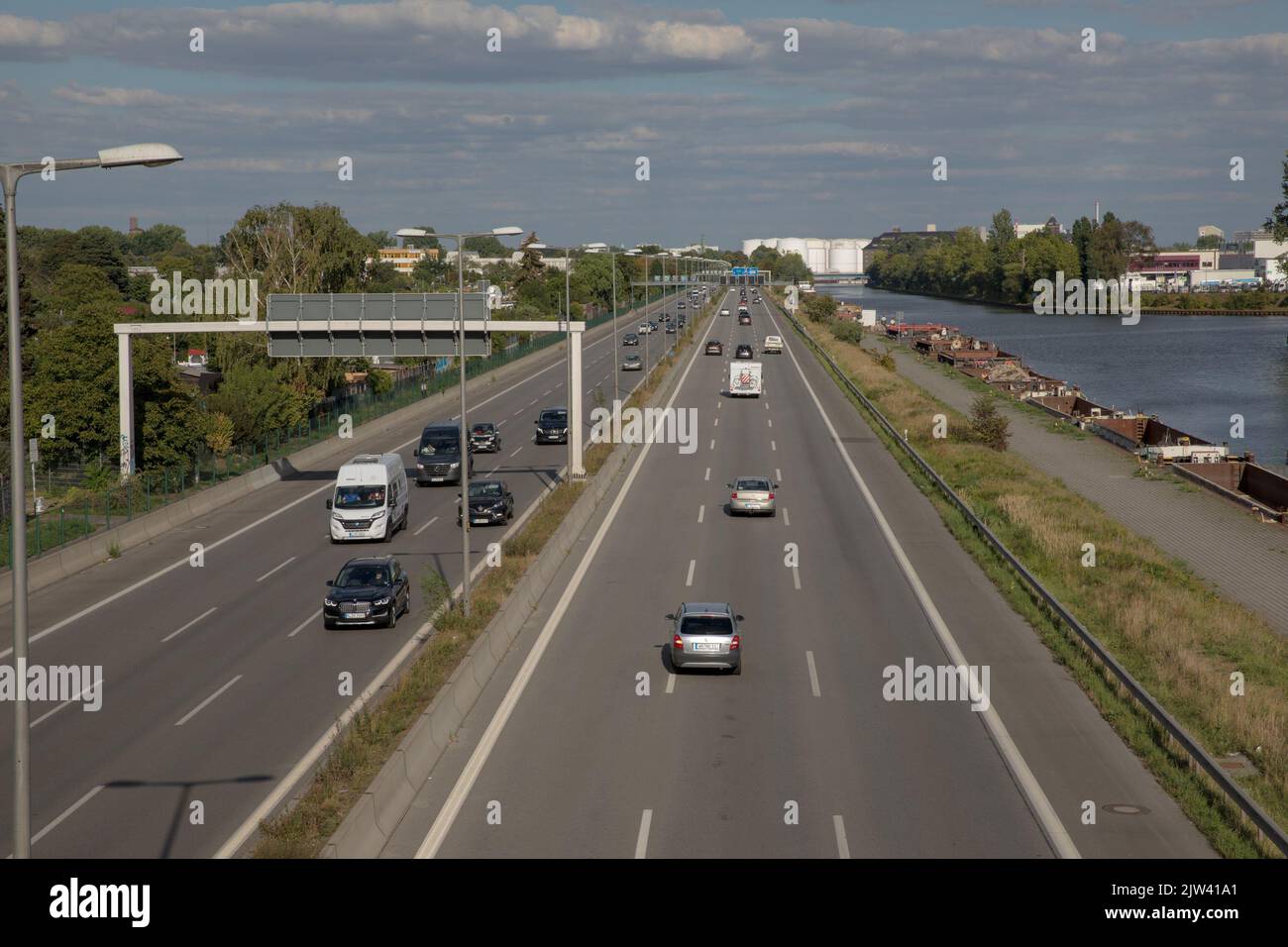 Freeway next to the port in Berlin, separated by the Westhafen Canal ...