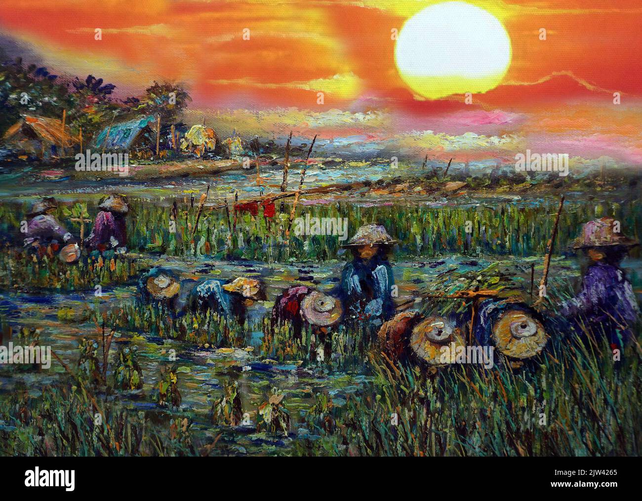 Art painting oil color Thailand Grow rice , Transplant rice seedlings ...