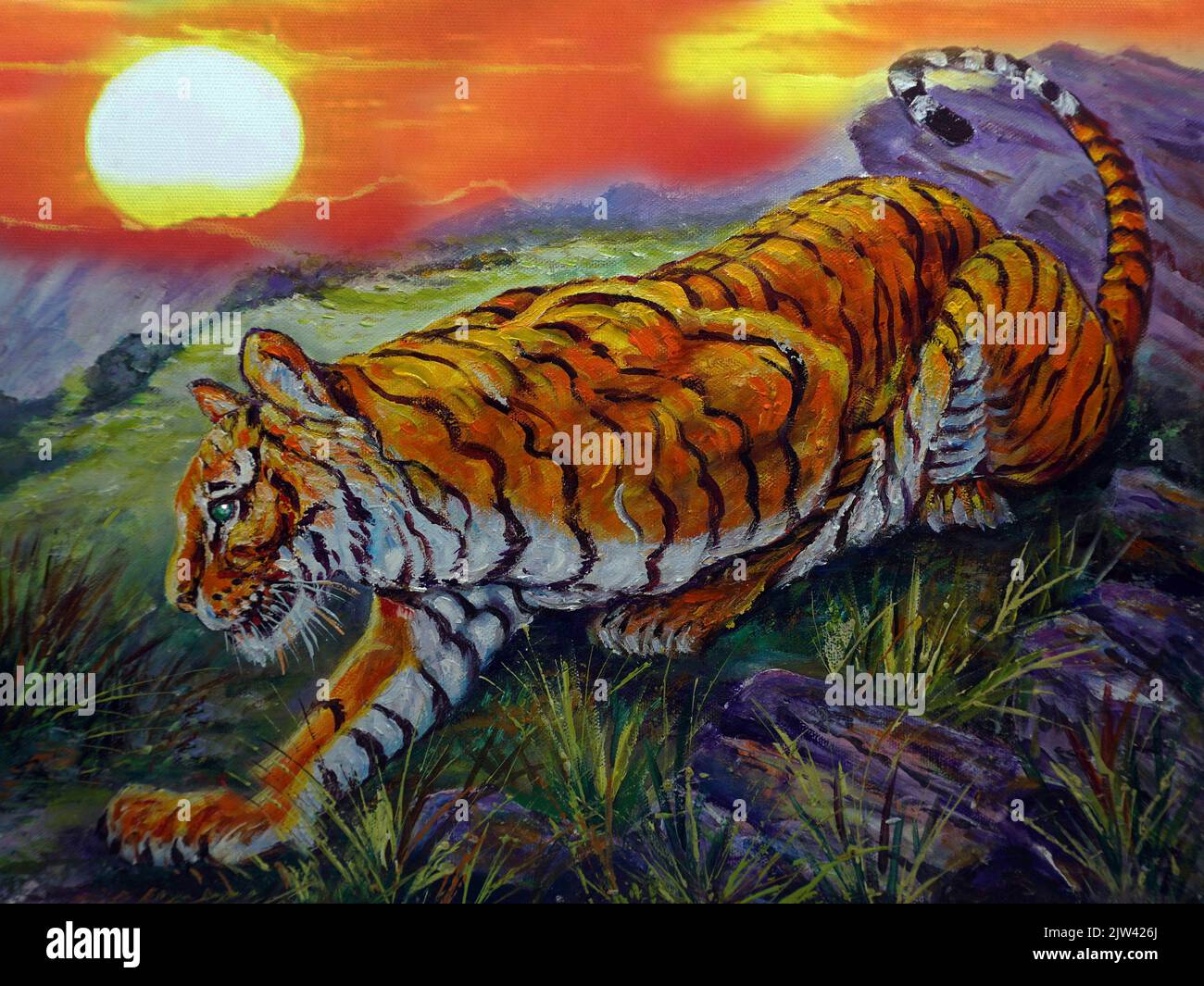Art painting Oil color tiger , panthera tigris and sunrise Stock Photo ...
