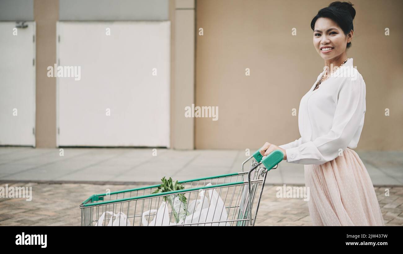 Pretty smiling Vietnamese woman with shopping cart full of grocery ...