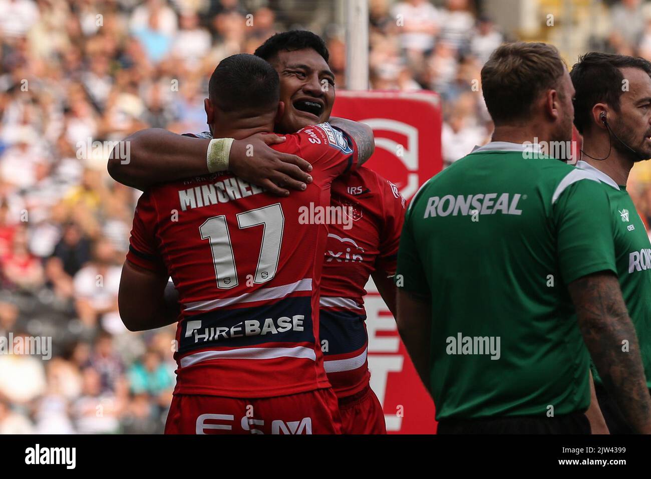 Albert Vete #8 and Elliot Minchella #17 of Hull KR celebrate the tackle ...