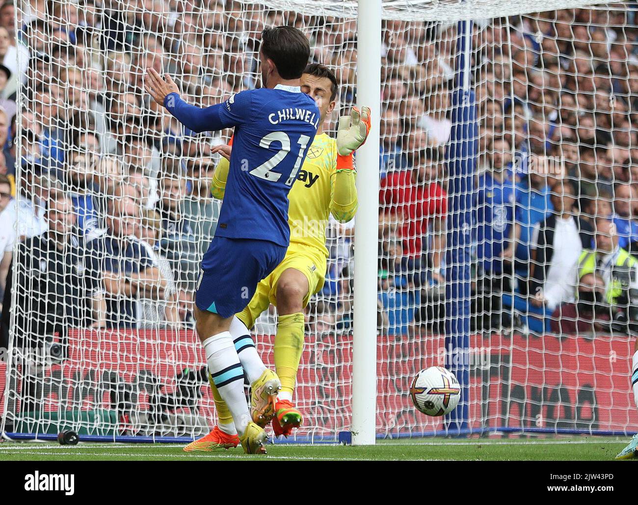 London, England, 3rd September 2022. Ben Chilwell of Chelsea scores to ...