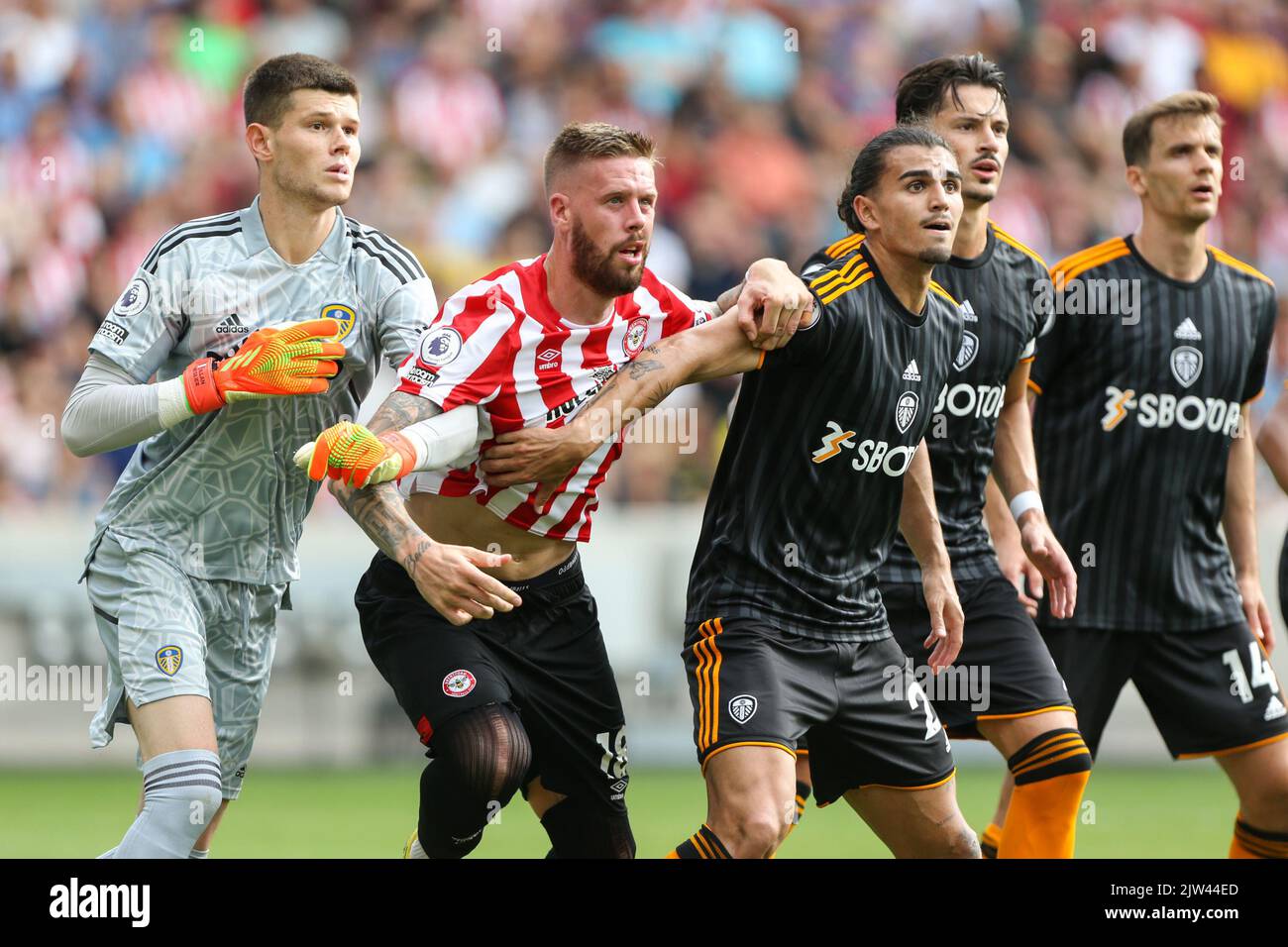 Pontus Jansson #18 of Brentford makes a nuisance of himself on a corner during the Premier ...