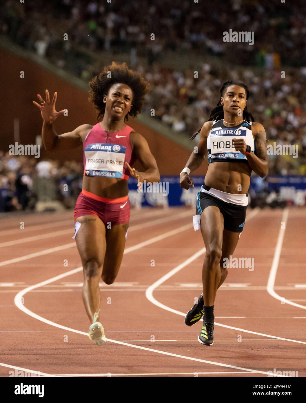 Shelly-Ann Fraser-Pryce and Aleia Hobbs competing in the women's 100m ...