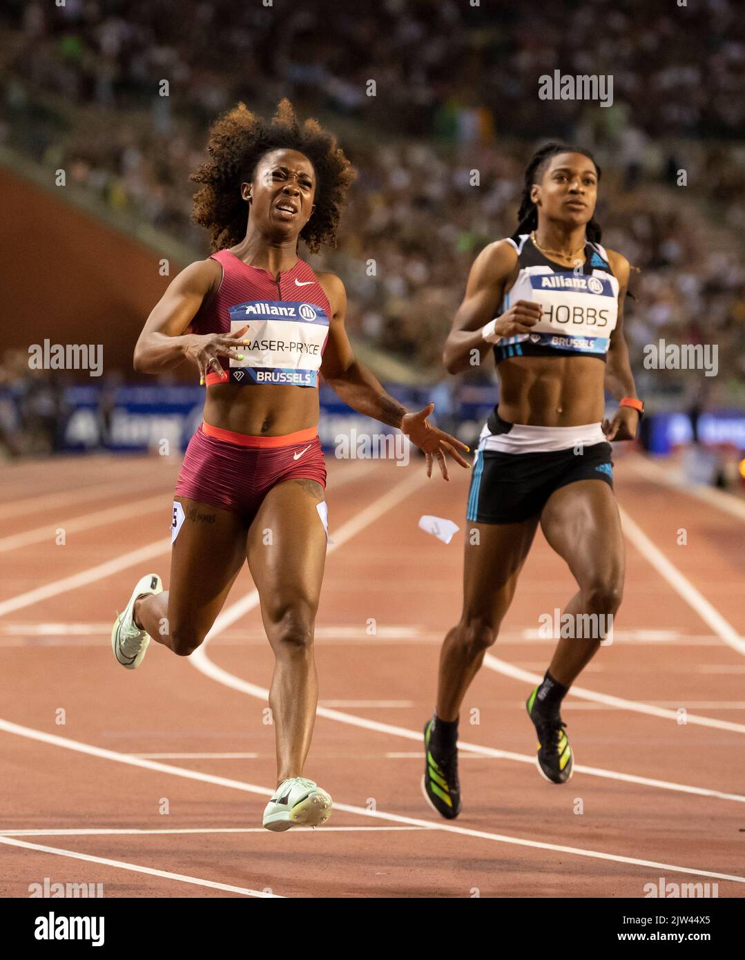 Shelly-Ann Fraser-Pryce and Aleia Hobbs competing in the women's 100m ...