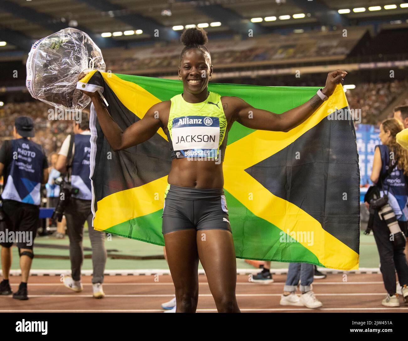 Shericka Jackson of Jamaica celebrates her win after competing in the ...