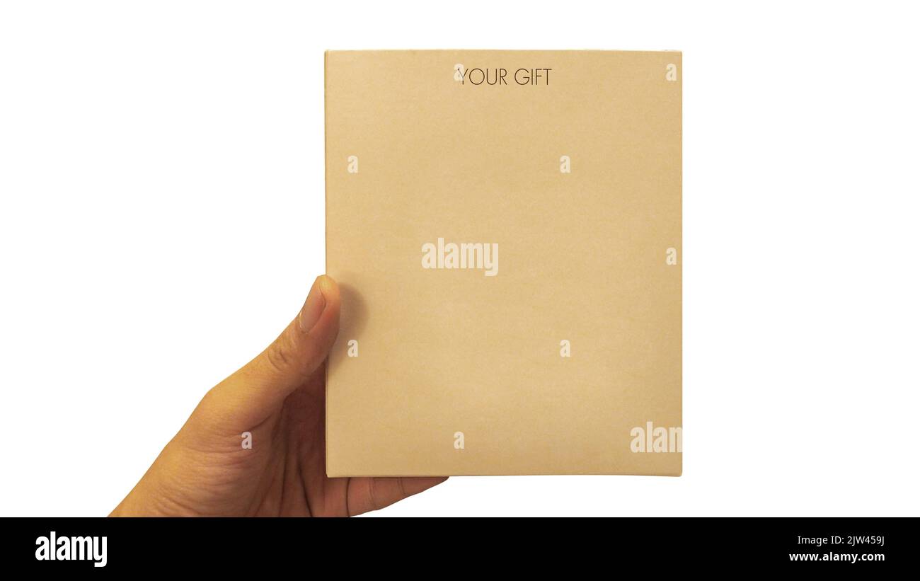 Man left hand holding yellow color paper box and white background ...