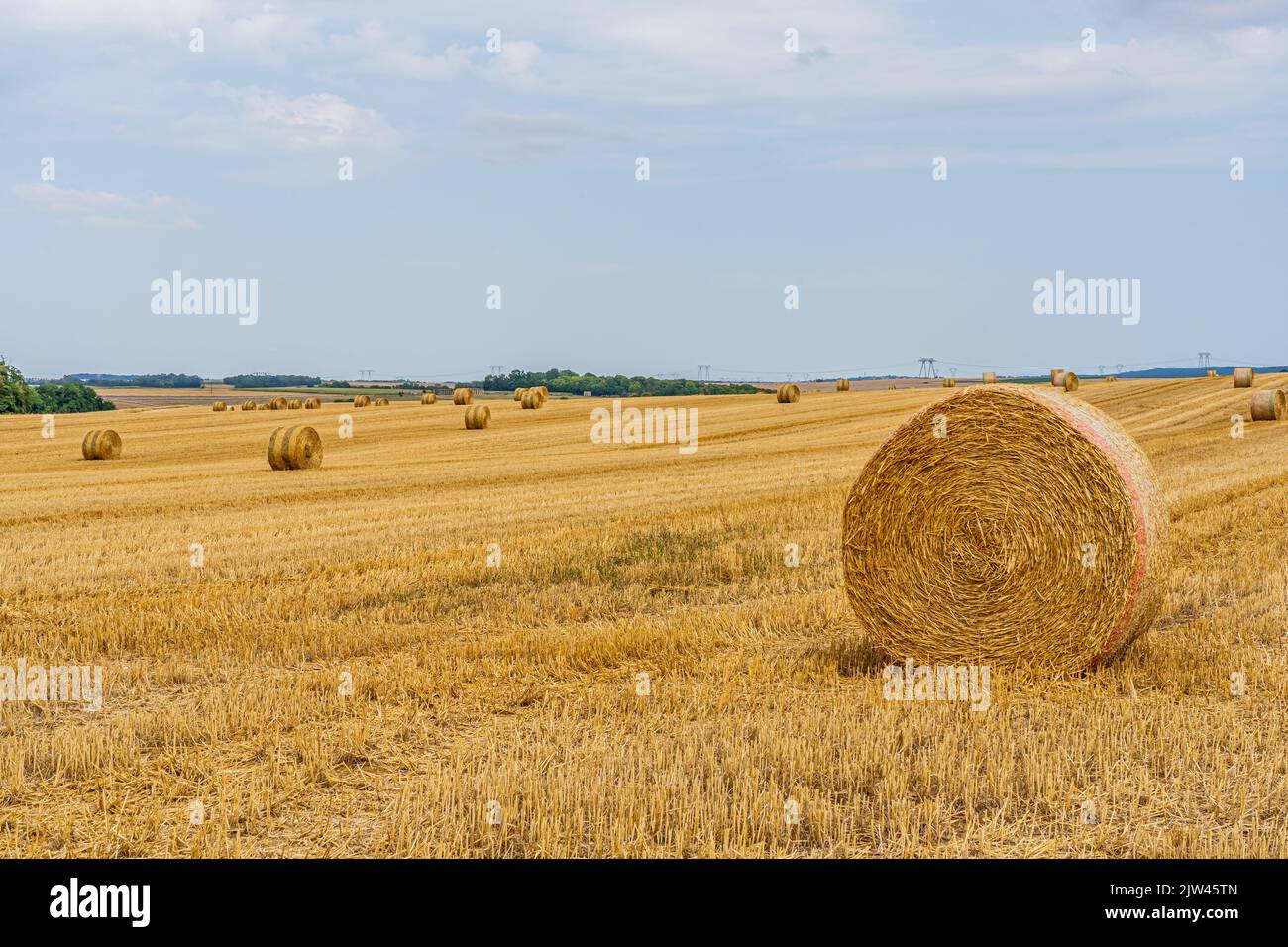 A field with golden hay bales in French countryside on the sky ...