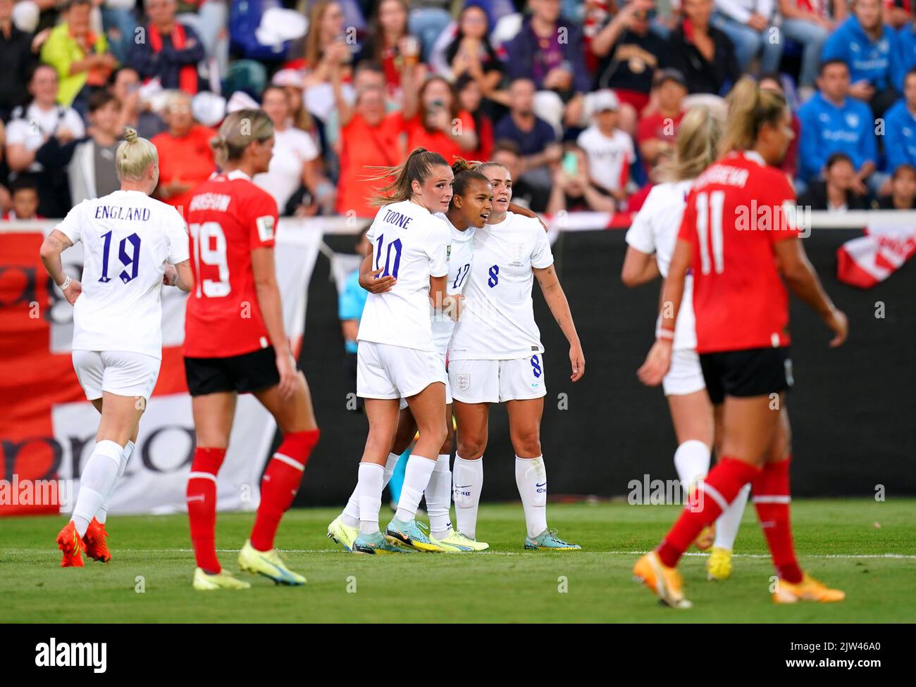 England's Nikita Parris (centre) celebrates with her team-mates Ella ...