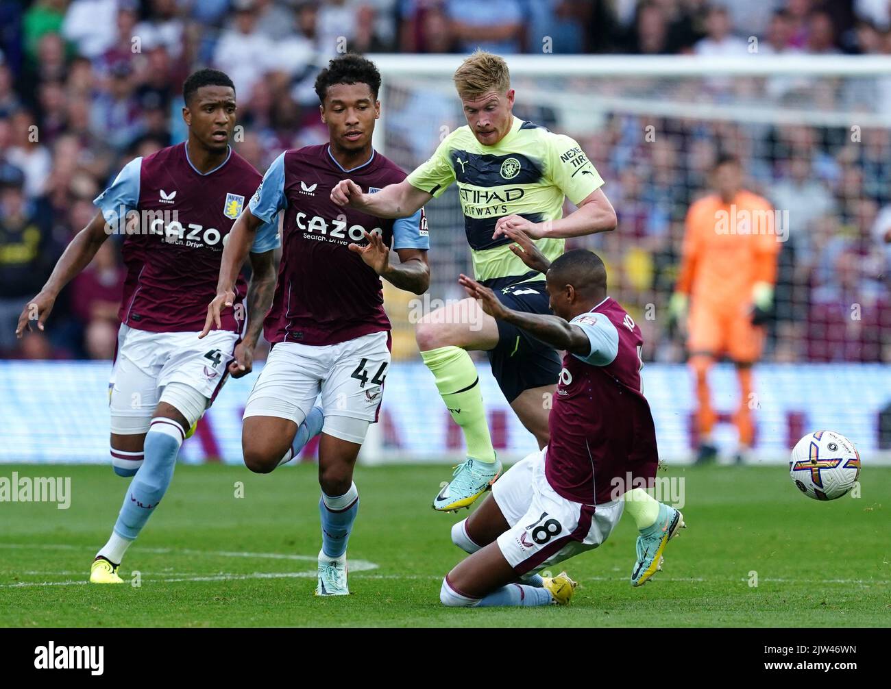 Manchester City's Kevin De Bruyne (centre) under pressure from Aston ...