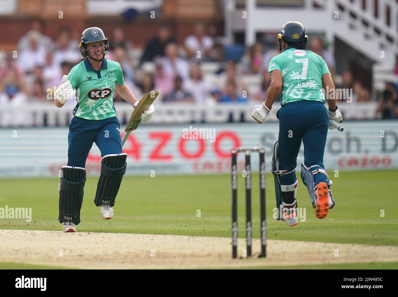 Oval Invincibles Women's Emily Windsor (left) celebrates during the ...