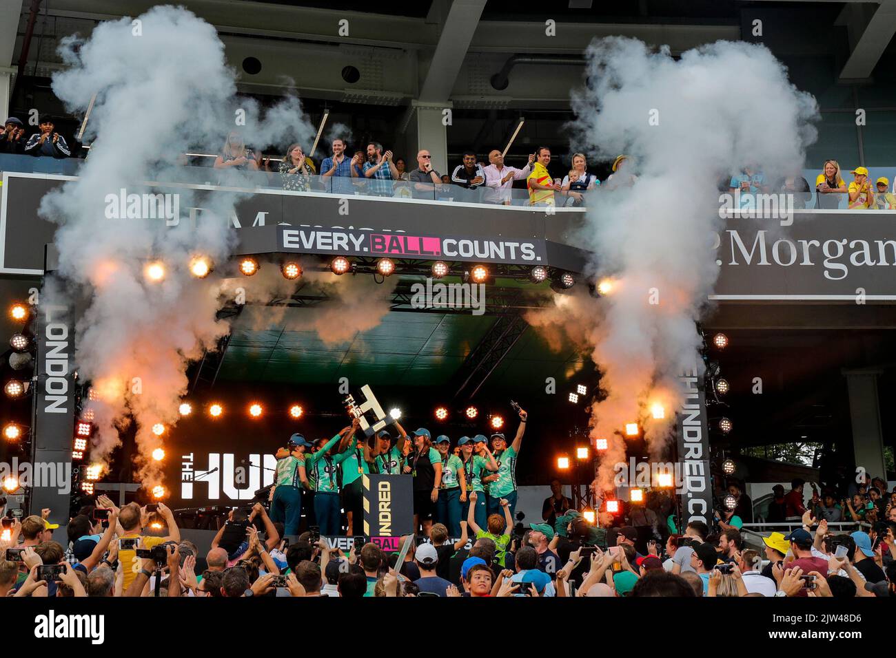 Oval Invinciples players celebrate winning with the trophy during the ...